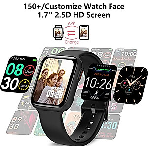 BRIBEJAT BT3 Smart Watch for Men Women Compatible with Samsung iPhone Android Phones (Dial/Answer Calls) 1.7'' 2.5D Screen, Voice Assistant, SpO2/Heart Rate/Sleep Monitor, IP68 Waterproof, Black