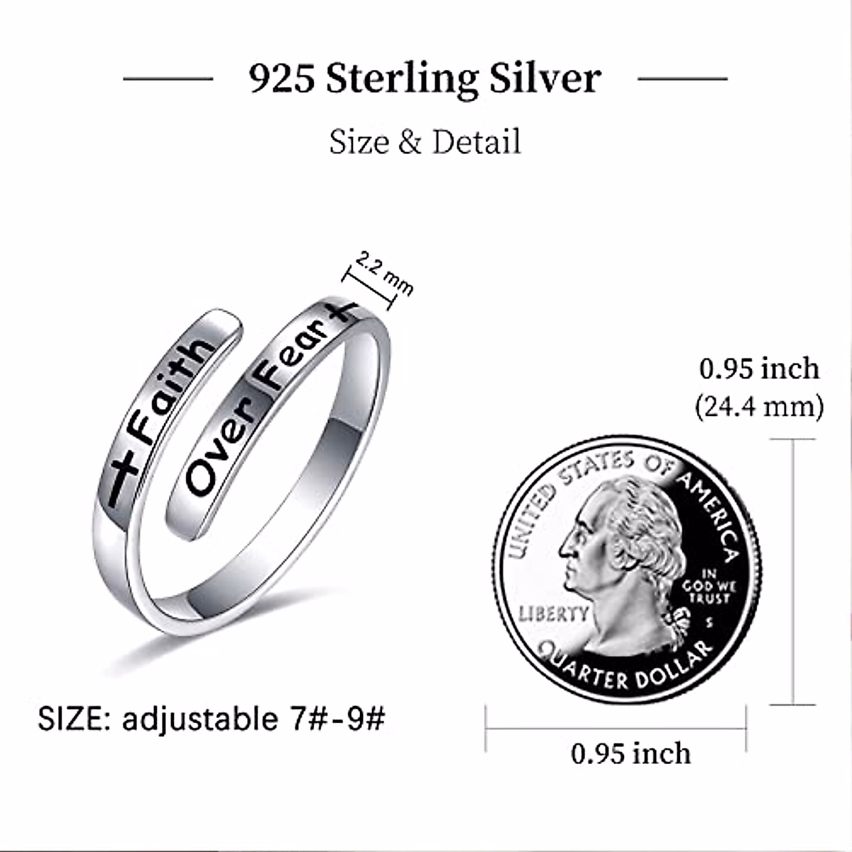 925 Sterling Silver Rings Inspirational Jewelry for Women Faith Cross Ring Gifts for Daughter Teen Girls Friend Faith Over Fear Wrap Open Ring Adjustable (Faith over fear)
