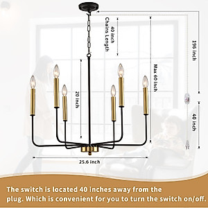 HOXIYA DIMMABLE Plug in Chandelier with Cord 25.6", Black and Gold 6 Light Modern Farmhouse Chandelier for Dining Room, Rustic Retro Hanging Ceiling Lighting Pendant Light Outdoor Gazebo Porch Bedroom