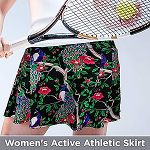 XrSzChic Womens Tennis Golf Skirt Athletic Exercise Printed Skorts Short Pocket Black Peacock, Large