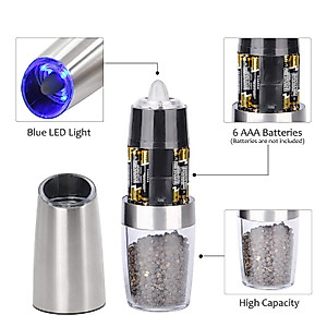Gravity Electric Pepper Grinder, Salt and Pepper Mill & Adjustable Coarseness, Battery Powered with LED Light, One Hand Automatic Operation, Stainless Steel (Single/Silver)