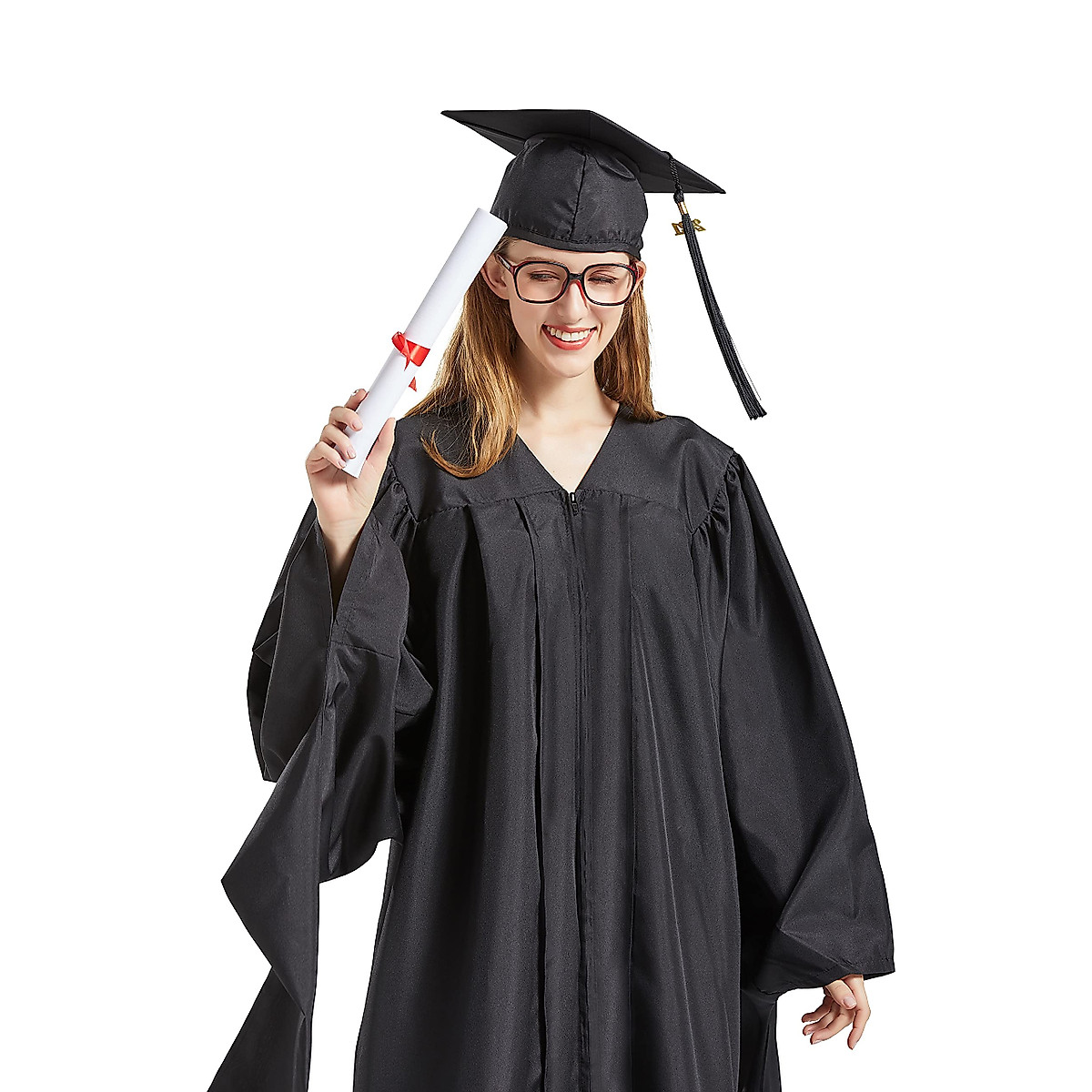 GRADWYSE Graduation Master Cap and Gown with 2024 Year Charm Master Regalia Unisex Matte Black (45 (Fit 5'0"~5'2"), Black)