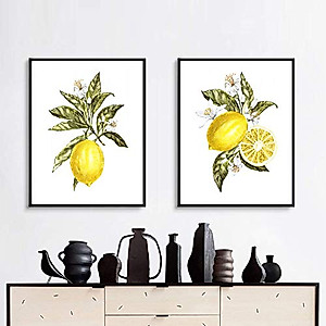 CRPBKU Cool Lemon Fruit Art Print -Yellow Orange Pear Lemon Botanical Canvas Wall Art -Green leaf Sour lemon Poster Perfect for Dining Room Kitchen Decoration,3 Set- (Unframed,8"X10")