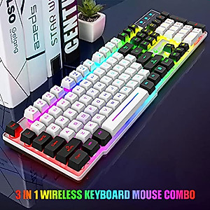 Wireless Gaming Keyboard and Mouse Combo Muti-Color Keycaps Rainbow Backlit Mechanical Feel Keyboard RGB Carck Luminescent Mice Mouse Pad for PC/Mac Gamer, Typist, Travel