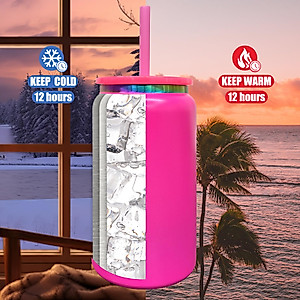 Glass Cups with Lids and Straws, 16 oz Stainless Steel Cups, Insulated Skinny Tumbler, Powder Coated Travel Mugs for Laser Engrave, Iced Coffee Cup for Smoothie Water DIY Gift (Rosy,1 pack)