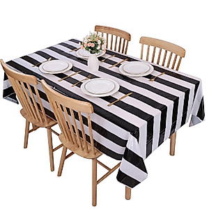 Kesfey 3 Packs Black and White Vertical Striped Tablecloth 54 x 108 Inch Geometric Black Stripe Table Cloths Disposable Plastic Stripe Table Covers Waterproof Picnic Tablecover for Camping Party
