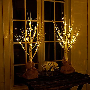 Lighted Birch Tree, 2pcs 24”H Tabletop Tree Light with Burlap Decor, Pre-Lit 24 LED Warm White Lights, Timer Function, Money Tree Perfect for Spring Home Centerpiece Decor, Indoor&Outdoor Use