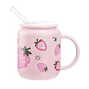 Sizikato Porcelain Mug with Lid and Straw, 13 Oz Water Cup with Handle, Cute Strawberry Pattern
