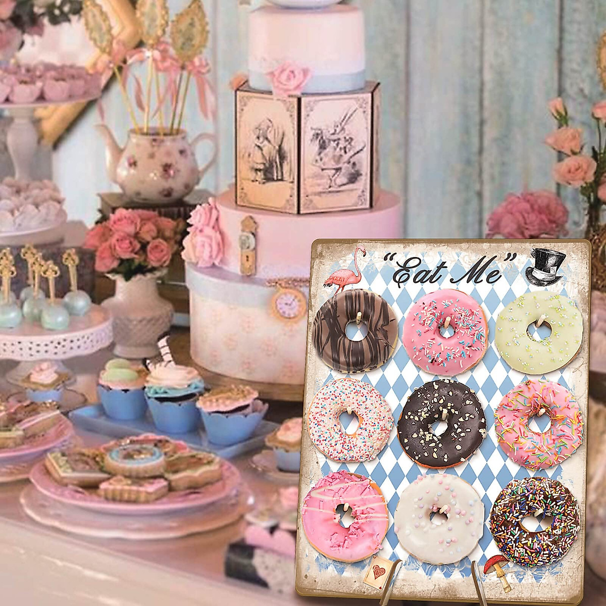 Faivykyd Alice in Wonderland Donut Wall Display Stand,Wonderland Themed Party Decorations for Weddings,Birthday & Donut Grow Up Parties,Mad Hatters Tea Party Props,Eat Me Donut Holder Fits 9 Doughnuts