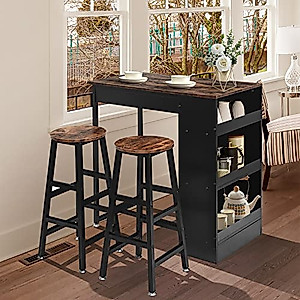 COSTWAY 3 Pieces Bar Table and Chairs Set, Counter Height Dining Table with 2 Bar Stools and 3 Shelves, Industrial Pub Kitchen Table Set for Living Room, Restaurant, Bar, Brown