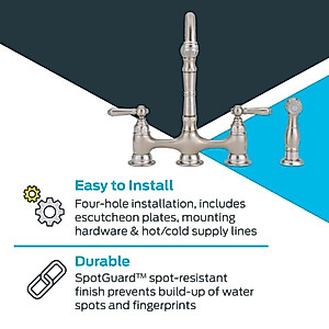 EZ-FLO Canterbury Bridge Kitchen Faucet with 2 Handles and Side Sprayer, 4 Hole Function, Brushed Nickel, 10652