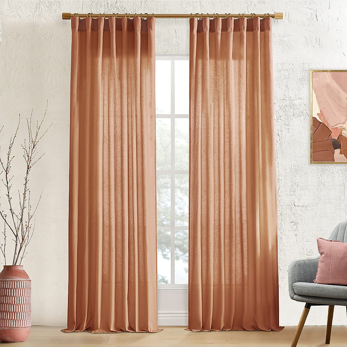 XTMYI Bohemian Rustic Curtains for Living Room Decor 2 Panel Set Linen Cotton Sheer Back Tab Hooks Pleated Fall Curtains for Bedroom Window,Pale Copper Rust Terracotta,96 Inch Long