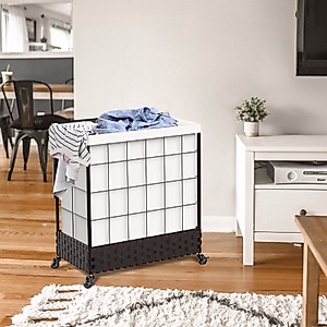 Laundry Hamper with Wheels, 110L(29 Gal.) Large Clothes Hamper with Wood Lid and Wicker Bottom, Rolling Laundry Sorter with Removable Liner Bag for Living Room, Bedroom