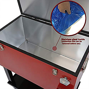68 Quart Patio Cooler Ice Chest with Foosball Table Top, 17 Gallon/ 65L Outdoor Rolling Beverage Cart, Red Portable Patio Party Bar Cold Drink Rolling Cart on Wheels with Tray Shelf
