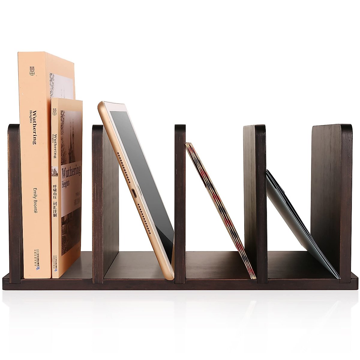 Desk Organizer Mail Organizer Countertop File Sorter, Bamboo Desk File Organizer 4 Slots, Wooden Desk Shelf for Envelope Document Folder Filling, Desktop File Mail Holder for Office & Home