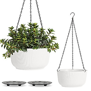 T4U 10 Inch Hanging Planters for Indoor Outdoor Plants, 2 Pack White Self Watering Hanging Plant Pot, Hanging Pots Set with Drainage Hole & Plug & Chain with 3 Hooks for Garden Home Decor