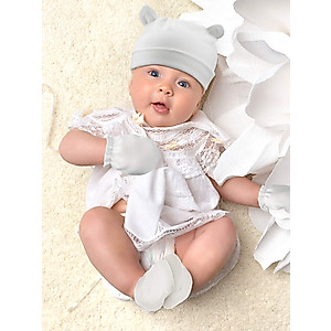 Baby Hats Mittens and Socks Set Include 5 Pieces Newborn Beanie Caps with Cute Bear Ears 10 Pieces No Scratch Mittens and 10 Pieces Non-Slip Baby Socks for 0-6 Months Baby Boys and Girls