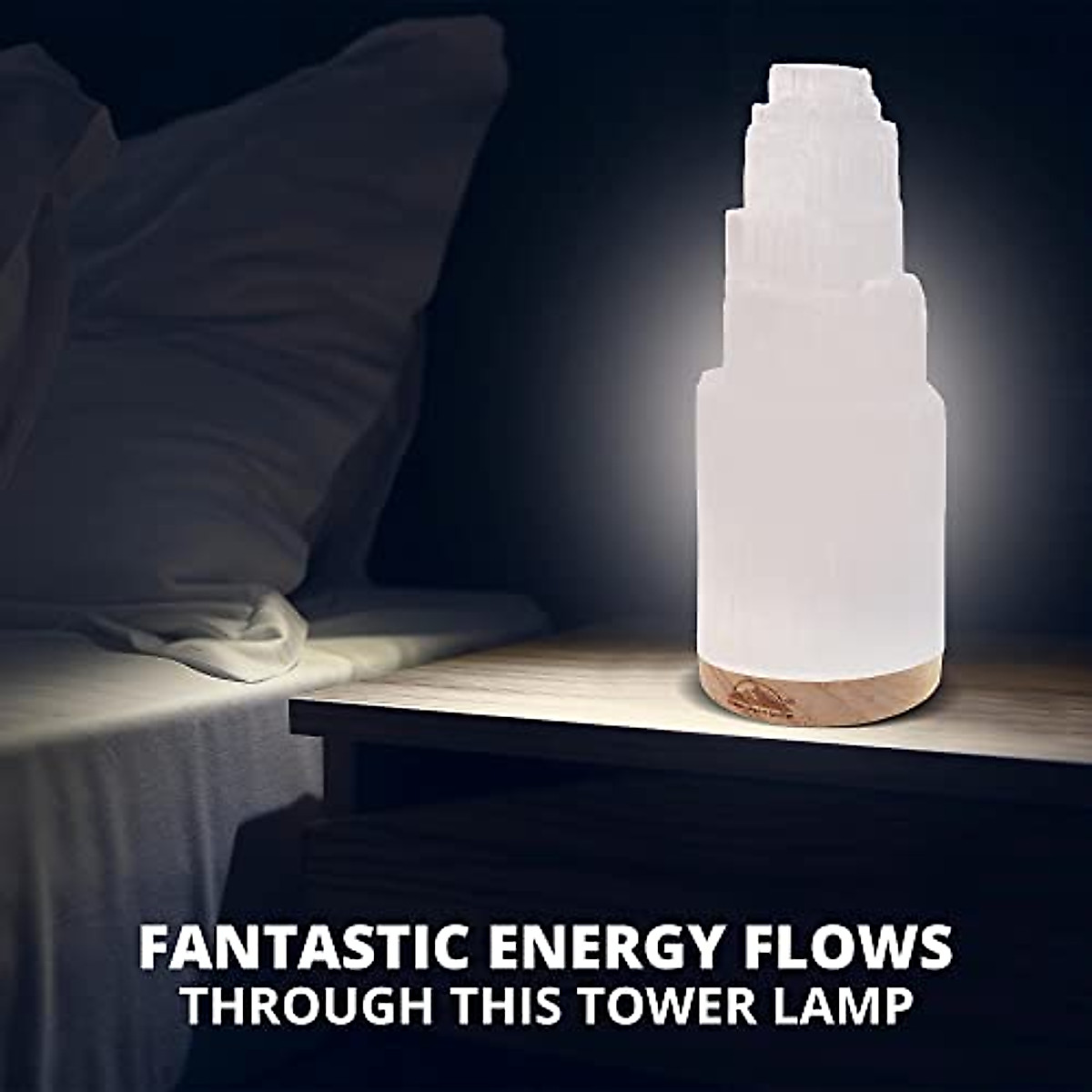 WBM Selenite Crystal Lamp 20cm, Hand Curved Morocco |Skyscraper| Crystals and Healing Stones,(ETL Certified) with Wooden Base & USB Charging Cable For Healing Cleansing & Meditation