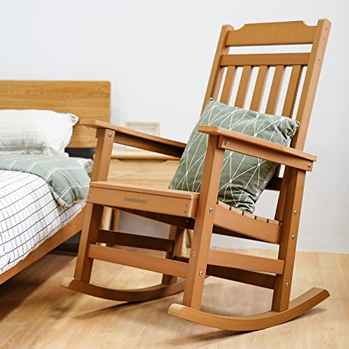 EMBRANGE Outdoor Rocking Chair with Tilting High Backrest, Weather Resistant, Fade-Resistant,Front Porch Rocker with 350 LBS Weight Capacity, Patio Rocking Chairs for Deck or Indoor, Teak