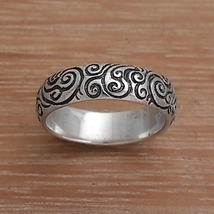 NOVICA Artisan Handmade Sterling Silver Band Ring 925 Swirling Fern from Indonesia No Stone [band Width 5 mm W] ' Destiny Engraved'