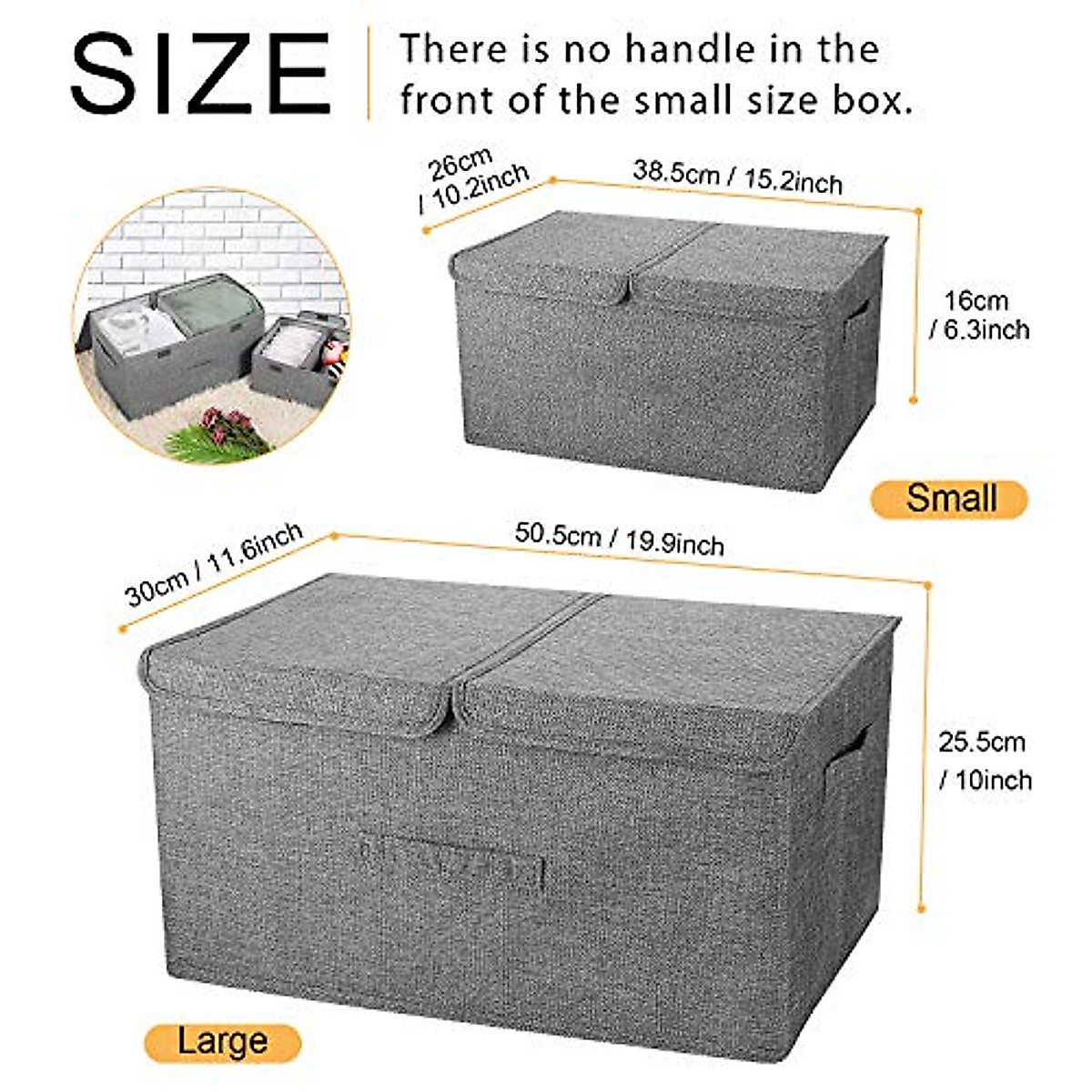 Valease 2 Pack Large Storage Boxes with Lids and Handles, Collapsible Linen Storage Bins Organizer Containers Baskets Cube with Removable Divider for Home Bedroom Closet Office (Grey, Large)