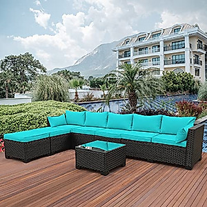 Outdoor PE Black Rattan Furniture Conversation Backyard Lawn Set 6 Piece Patio Loveseat Wicker Sectional Chairs with Removable Cushion and Multi-Purpose Tempered Glass Top Table (Turquoise)
