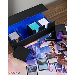 UAONO Card Storage Box with Dice Tray for MTG Yugioh, 5 in 1 Card Deck Case Holds 900+ Unsleeved Cards, Strong Magnet Card Organizer for Magic Commander TCG CCG Sports Cards (Black&Blue)