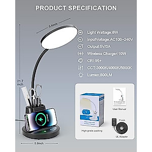 GOLSPARK Desk Lamp with Wireless Charger for Home Office, Eye-Caring Reading Lamp 3 Color Modes Stepless Dimming LED Desk Lamp, Touch Table Lamp with Pen Holder, CRI 90 AC Adapter Included
