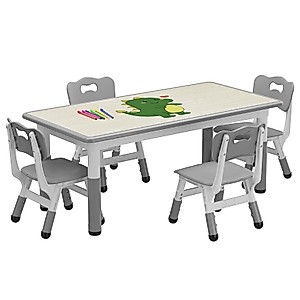 Kids Table and 4 Chairs Set, Height Adjustable Toddler Table and Chair Set for Ages 2-10, Graffiti Desktop, Non-Slip Legs, Children Table and Chair Set for Daycare Classroom Home, Grey