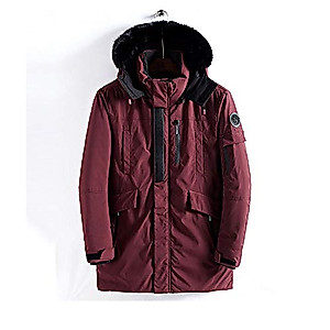 WEEN CHARM Men's Warm Parka Jacket Anorak Jacket Red Winter Coat with Detachable Hood Faux-Fur Trim
