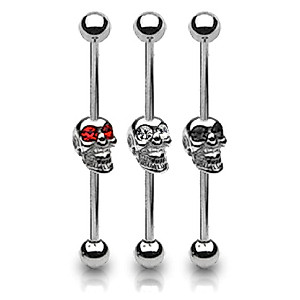 Pierced Owl 14GA Laughing Skull with Gemmed Eyes 316L Surgical Stainless Steel Industrial Barbell (Red)