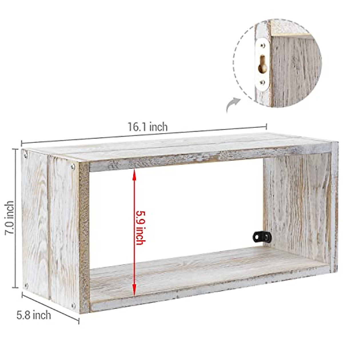 MyGift Whitewashed Solid Wood Wall Mounted Floating Shadow Box Style Kitchen Shelf, Rectangular Wooden Display Shelves and Spice Storage Rack