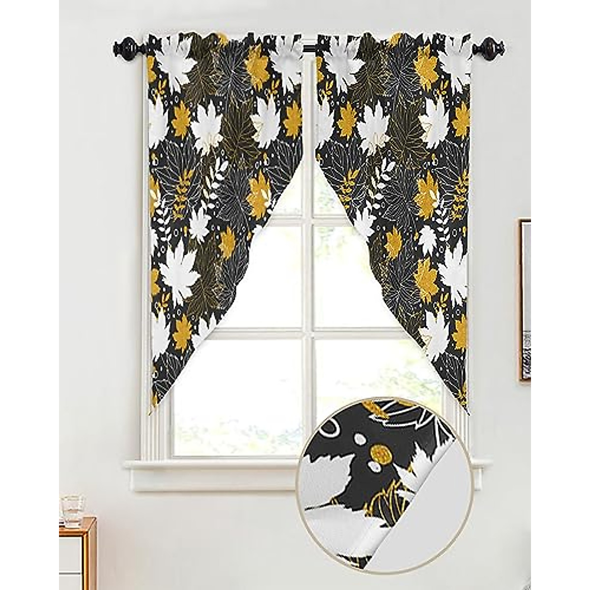 Autumn Maple Leaves Swag Curtains for Living Room/Kitchen/Bedroom/Bathroom, Yellow White Gold Leaf Black Backdrop Swag Valance Curtains Short Half Kitchen Topper Curtains Window Swag 2 Panels 28x36