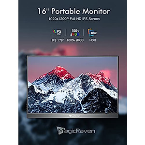MAGICRAVEN Portable Monitor, 16" 1920x1200P FHD IPS Laptop Monitor, Dual USB C HDMI Computer Monitor Gaming Display with Speakers, Second Screen Travel Monitor for PC Phone PS5/4 Xbox Switch