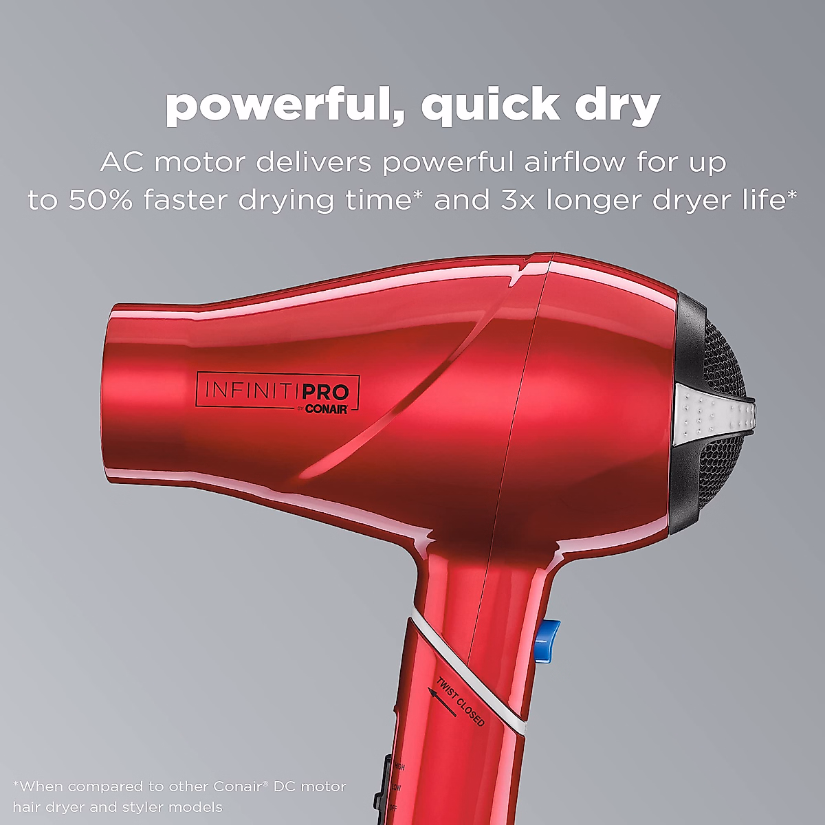 INFINITIPRO BY CONAIR Travel Hair Dryer, 1875W Compact Travel Hair Dryer with Twist Folding Handle, Conair Blow Dryer, Red