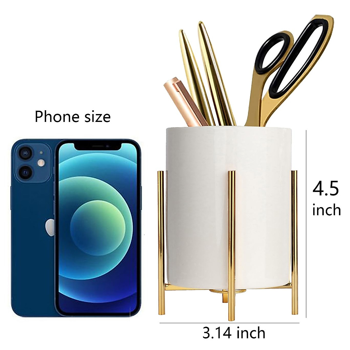 SIEBOLD Gold pencil cup Sturdy metal frame with white ceramic pen holder For desks and kitchen appliance holders(1set 4.6 - 3.14'')