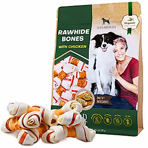 Dog Rawhide Bones Wrapped with Chicken & Pet Natural Chew Treats - Grain Free Meat & Healthy Human Grade Dried Snacks in Bulk - Best Chews for Training Small & Large Dogs - Made for USA