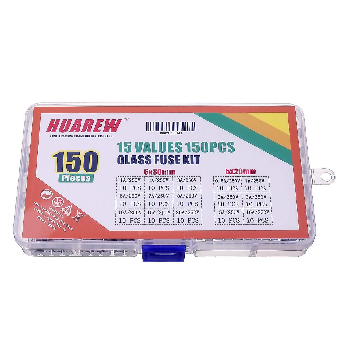 HUAREW 15 Values 150 Pcs Fast Blow Glass Fuses 250V Volt 5x20 mm 0.5 1 2 3 5 10 A 6x30 mm 1 2 3 5 7 8 10 15 20 A amp Assortment Kit