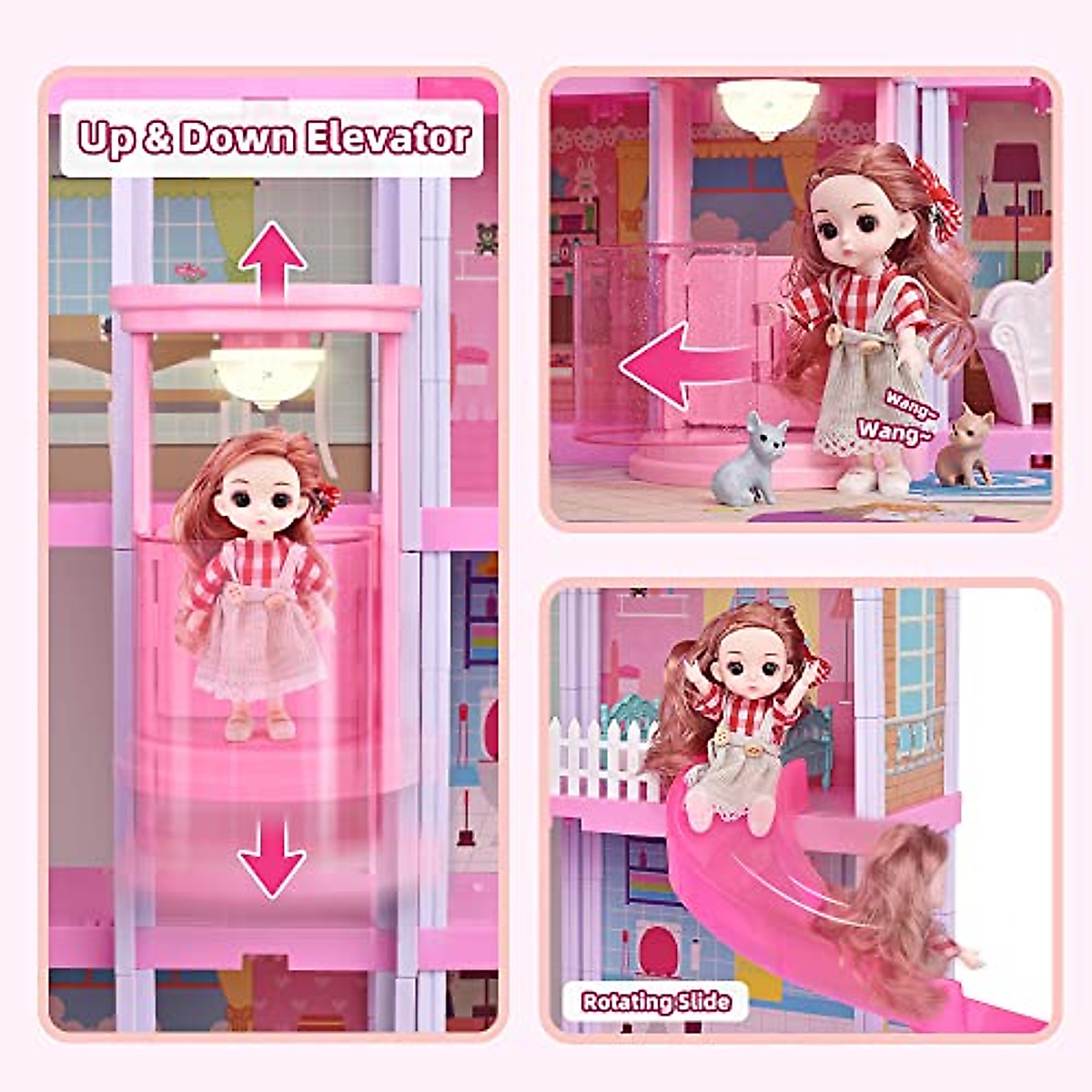 Doll House for 3 Year Old Girls,4-Story 13 Rooms Doll House,Fully Furnished Dollhouses w/Lights,Play Mat and Upgraded Doll,Play House Accessories,Elevator and Slide,Gift Toy for Kids 4 5 6 7 8 to 12+