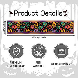 72 x 13 Inch Day of The Dead Table Runner - Colorful Sugar Skull and Floral Pattern Table Runner for Dia de Los Muertos, Holiday, Home, Kitchen, Mantel, Dining Table Decor, Mexican Party Supplies