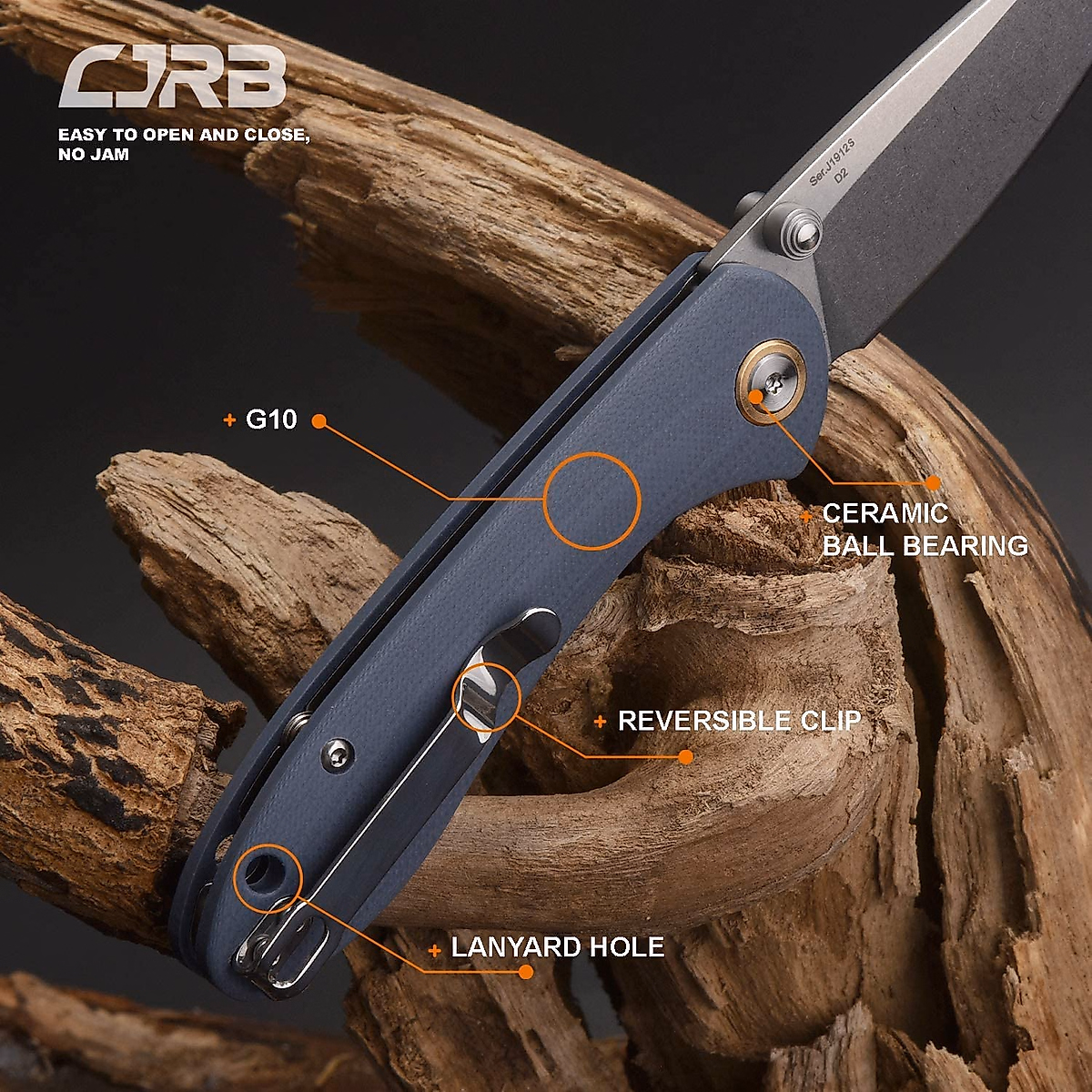 CJRB Folding Knife Feldspar Pocket Folding Knife Stonewash D2 Steel Blade G10 Tactical Handle EDC Knife, Blue Handle-Small (J1912)