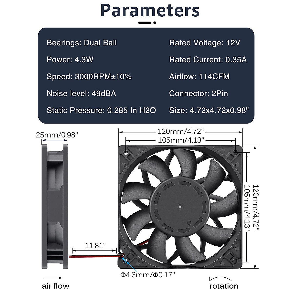 GDSTIME 120mm Case Fan, Increase Air Pressure Fan, 120mm x 25mm 12V Dc Brushless Cooling Fan Dual Ball Bearings Long lifespan