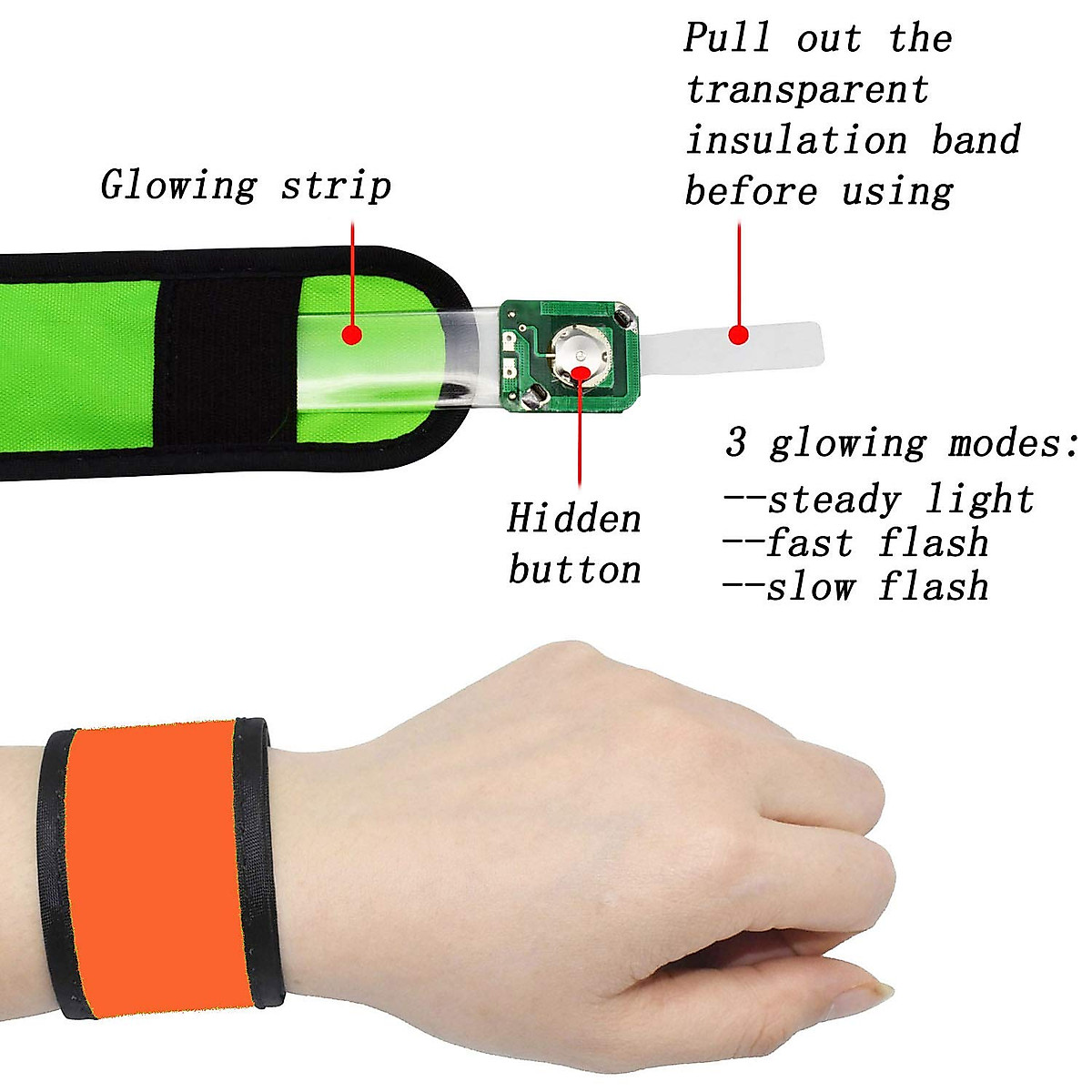 FYLARFLY LED Glow Slap Bracelets for Kids Adults, Light Up Wristbands Flashing Arm Wrist Ankle Bands High Visibility Safety Reflective Gear Lights for Biking Walking Running Camping (Orange)