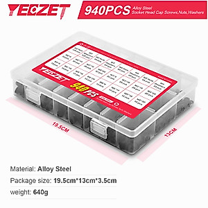 YEEZET M2 M3 M4 M5 12.9 Grade Alloy Steel Hex Socket Head Cap Screws Bolts Nuts Flat Washers Set Assortment Kit with Storage Box, Allen Socket Drive (940 PCS)