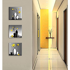 Flower Wall Art for Bathroom Hallway, SZ Elegant Orchid Still Life Canvas Painting Prints, Golden Magnolia in Black and White Vases Picture (Ready to Hang, Waterproof Decor)