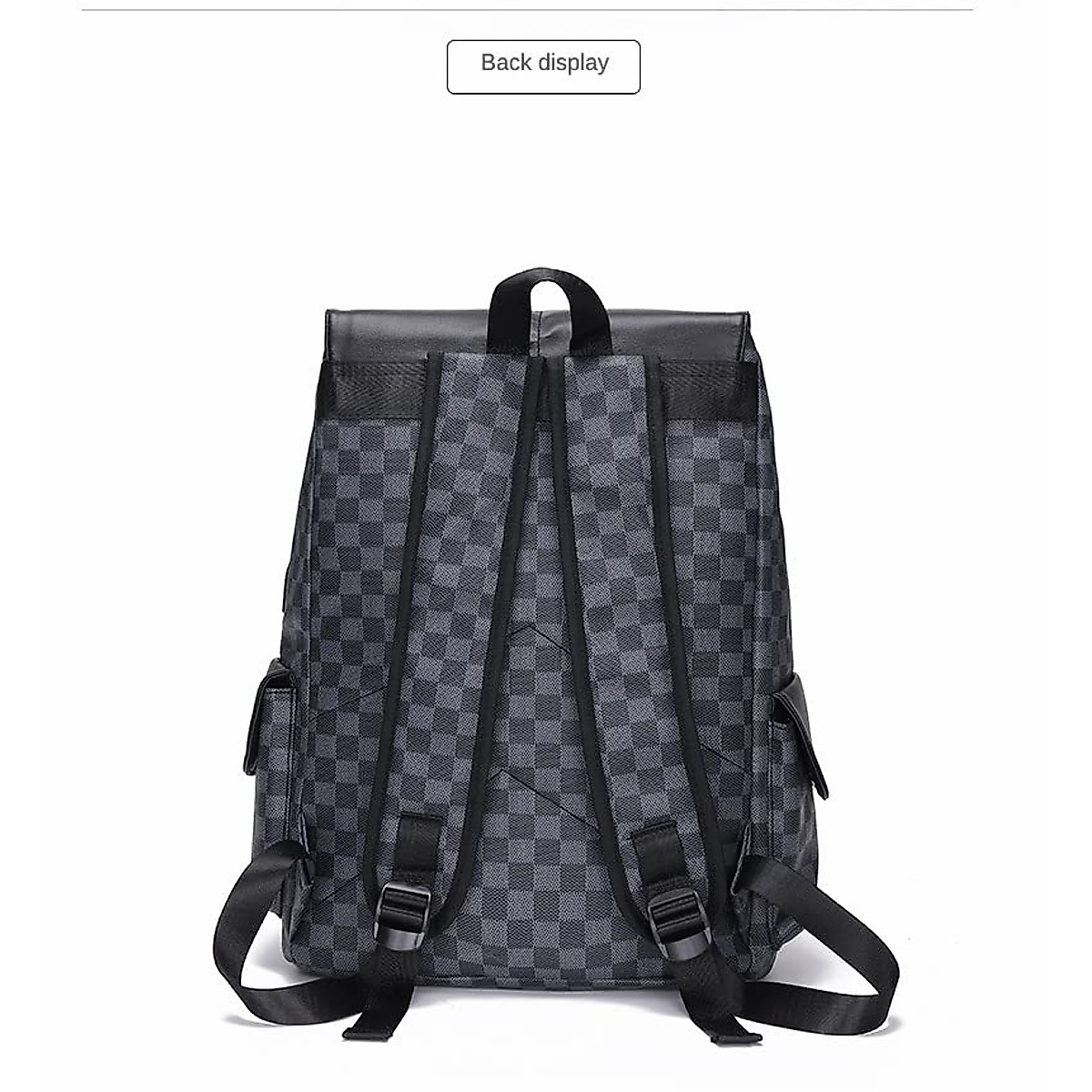 Classic PU Leather Laptop Backpack Unisex For Adult Youth Travel Leisure Fashion Bag Drawstring Gray Grid Backpack (Black)