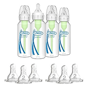 Dr. Brown's Options+ Anti-Colic Baby Bottle - 8oz - 4 Pack and Dr. Brown's Original Nipple, Level 2 (3m+), 6 Count