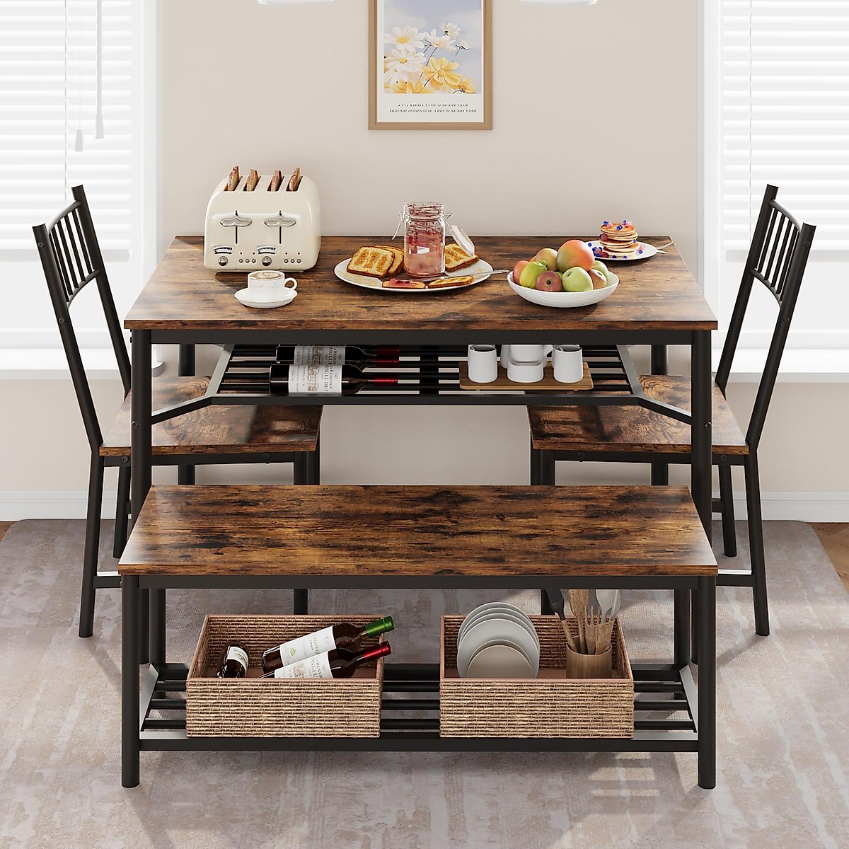 IDEALHOUSE Dining Table Set for 4, Kitchen Table and 2 Chairs with Storage Bench, 47.2" Rectangular Kitchen Table Set with Wine Rack, Dining Room Table Set for Small Space, Apartment, Rustic Brown