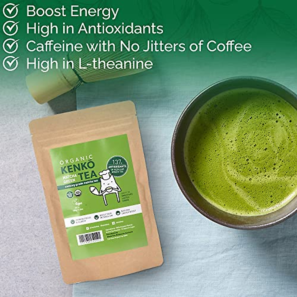Kenko Matcha Green Tea Powder [USDA Organic] Culinary Grade Matcha Powder for Lattes, Smoothies and Baking [100g Bag = 50 Servings]