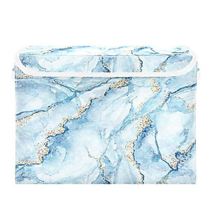 xigua White Blue Marble Storage Bins with Lids Foldable Large Cube Storage Boxes with Handles for Home Bedroom Closet Office (16.5x12.6x11.8 in)#80